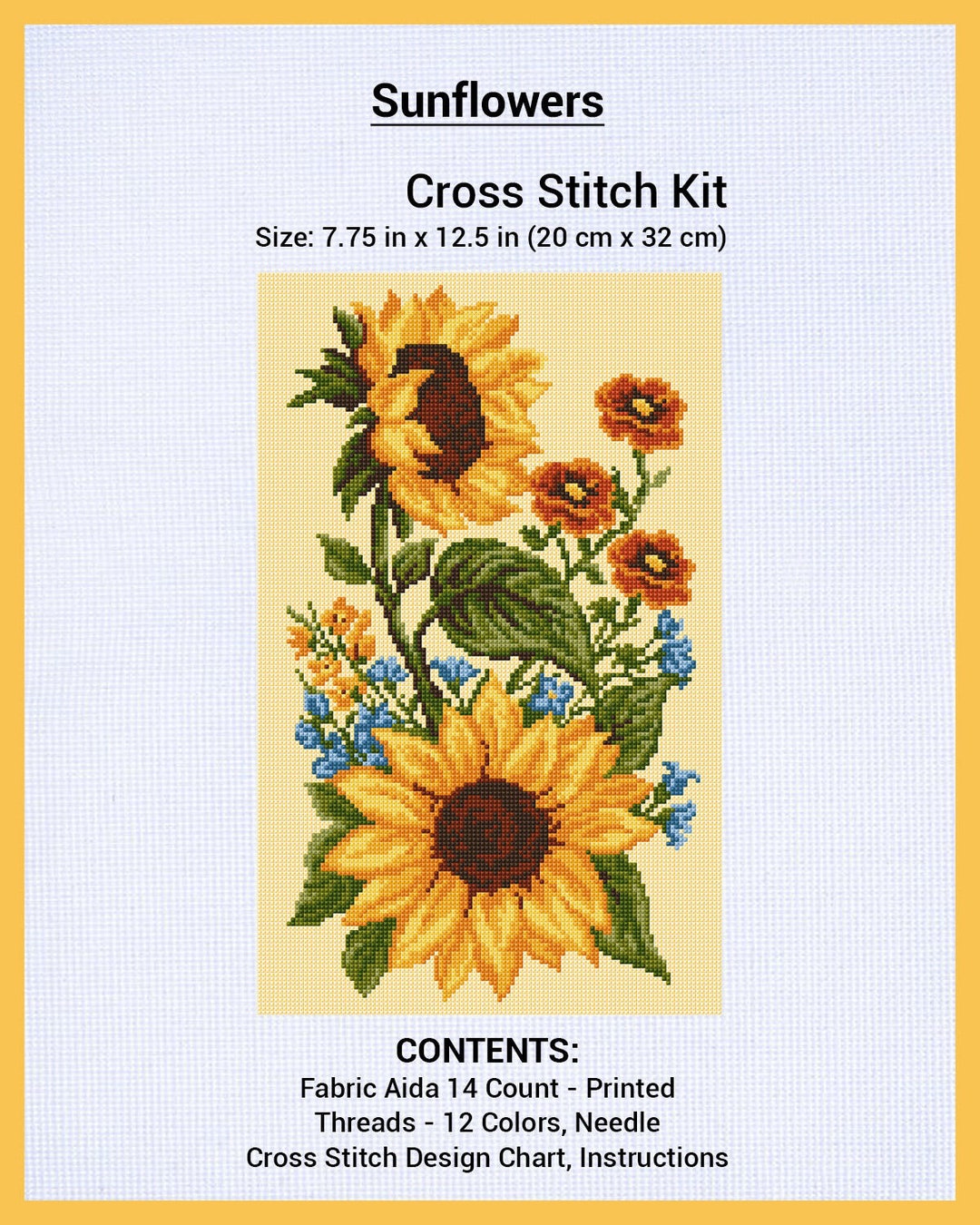 Sunflowers - Counted Cross Stitch Kit - Aida 14 Ct - PRINTED, Floss ...