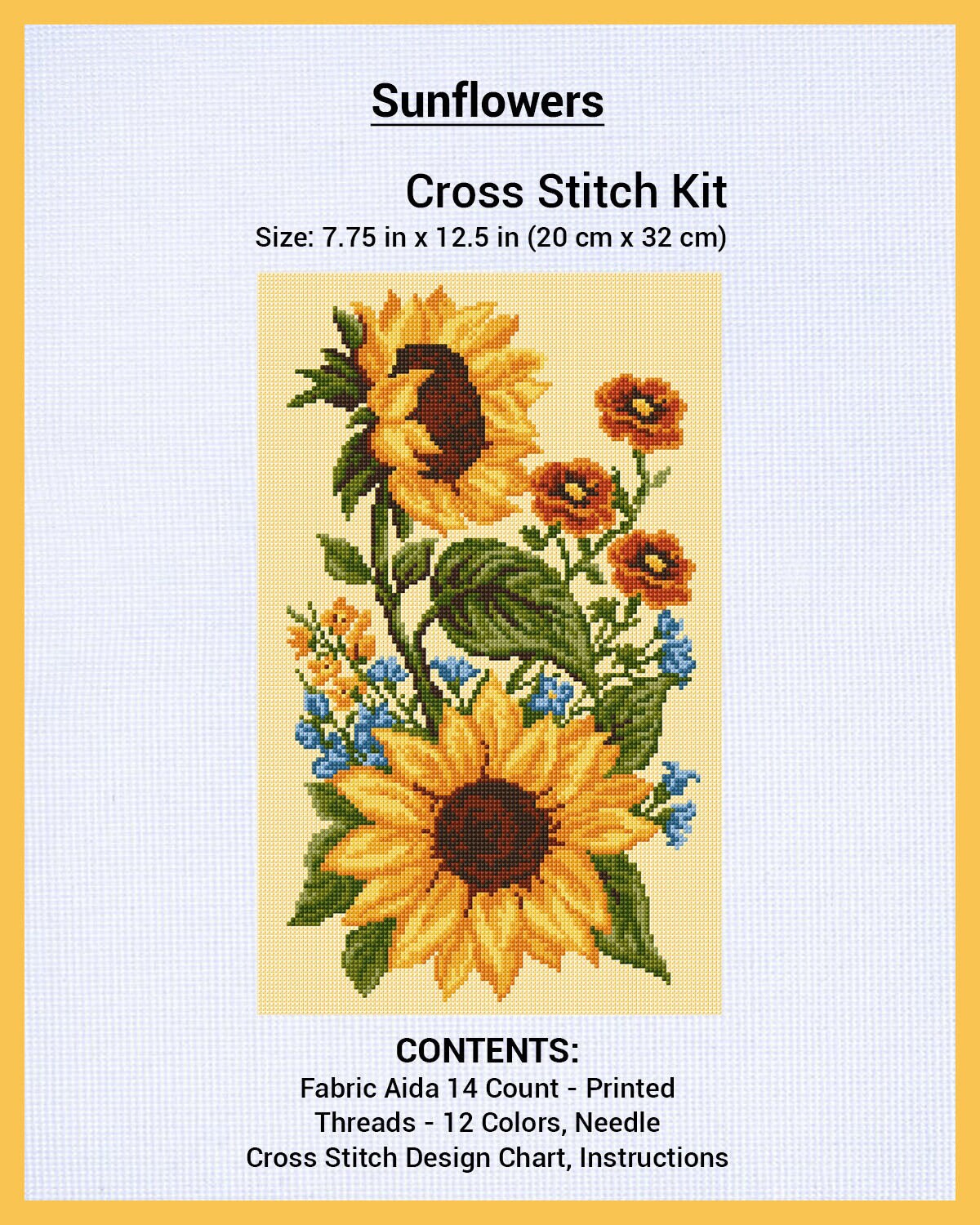 Sunflowers Counted Cross Stitch Kit Aida 14 Ct PRINTED, Floss 12 Colors ...