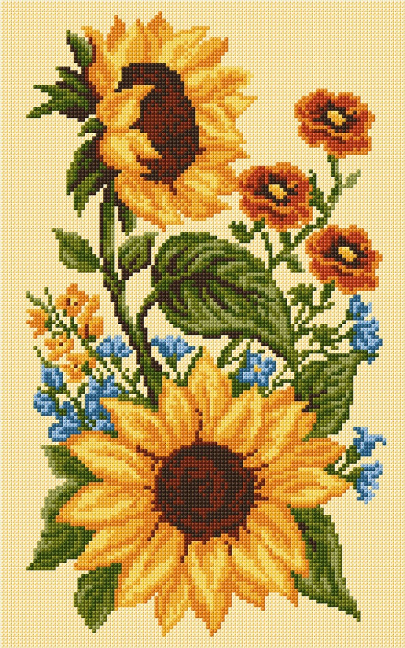 Sunflowers - Counted Cross Stitch Kit - Aida 14 Ct - PRINTED, Floss ...