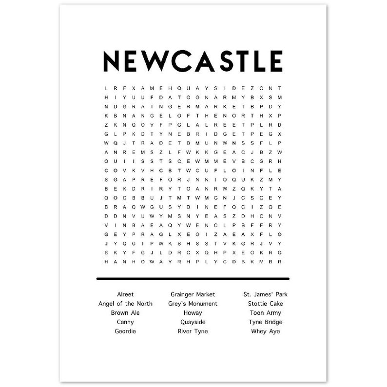 Newcastle Word Search Poster Newcastle Upon Tyne Art Print - Etsy