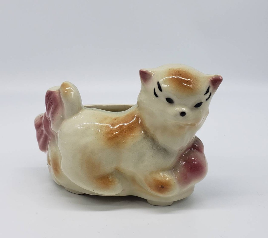 Vintage USA Pottery Kitty With Bow Planter - Etsy