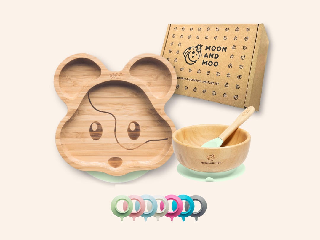 Baby Weaning Set, Bamboo Suction, Mouse Plate, Bowl and Spoon Set for ...