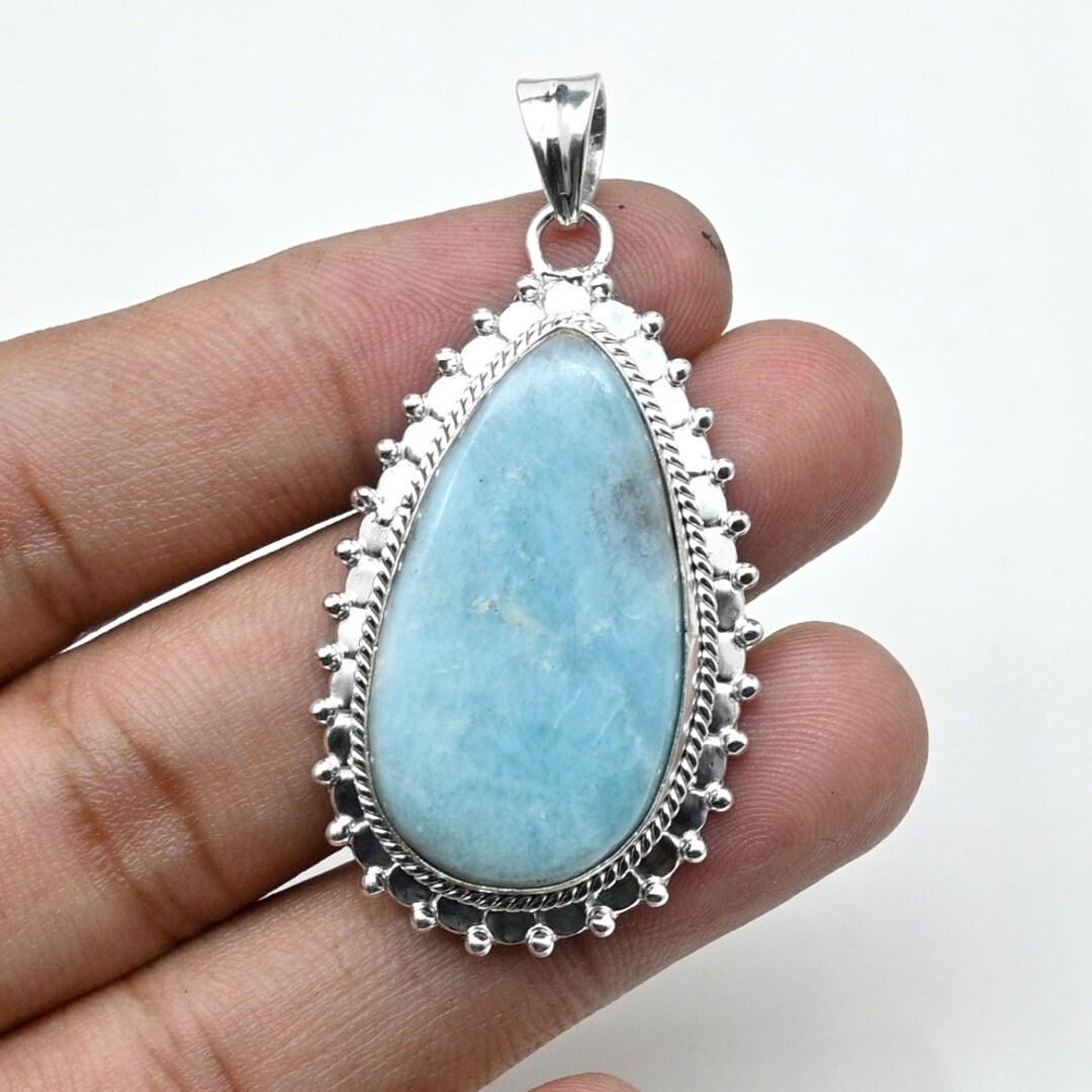 Natural Larimar Gemstone Brass Pendant, Base Metal Brass, Silver Plated ...