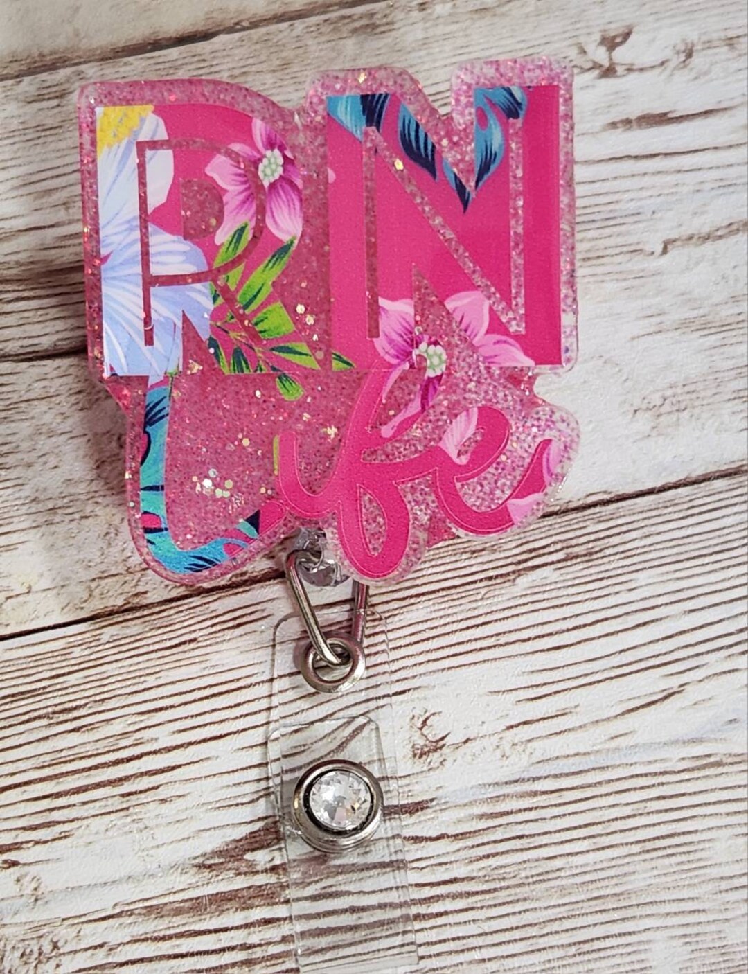 RN Life Pink Glitter Tropical Print Registered Nurse Resin Badge Holder ...