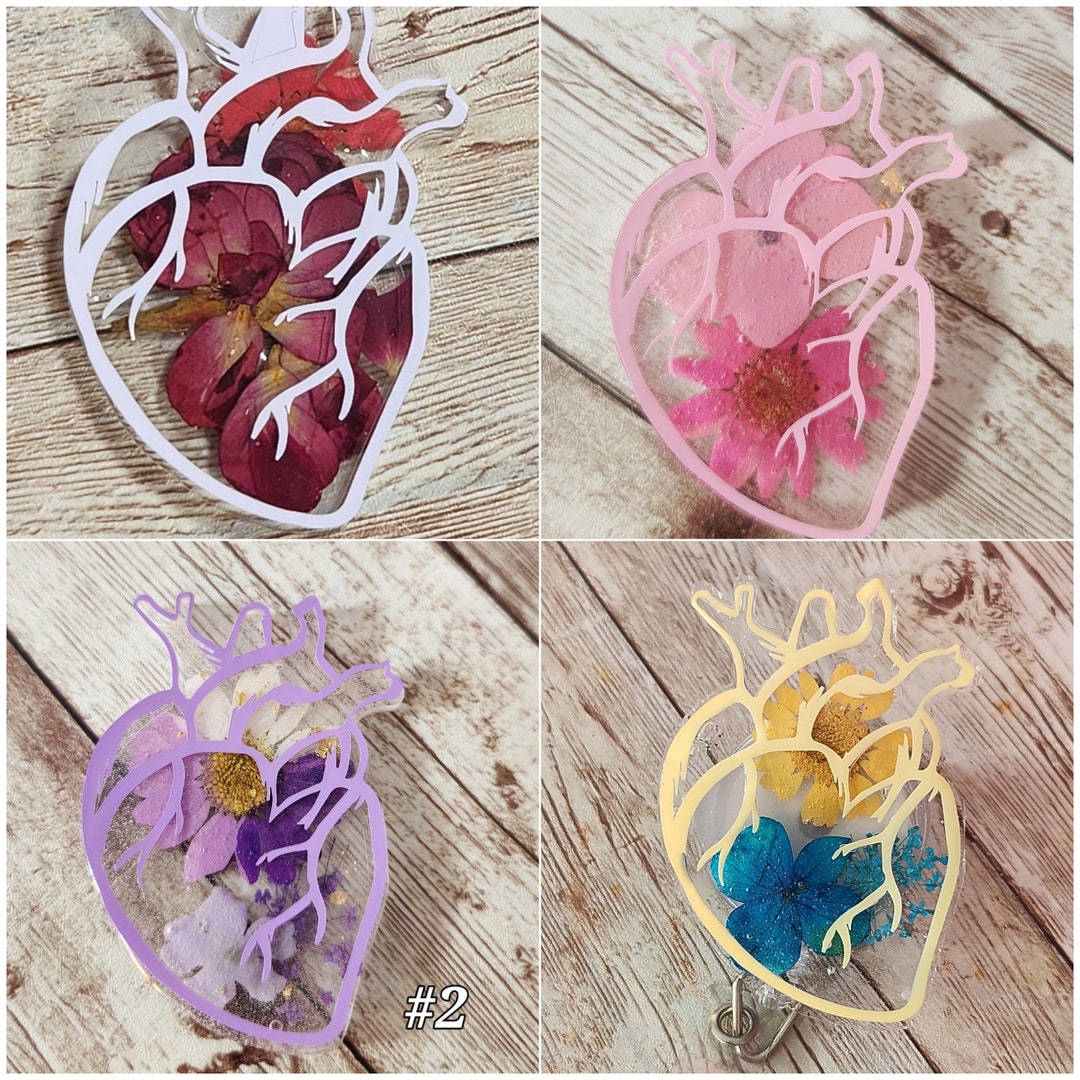 Pressed Flowers Anatomical Heart Cardiac RN Nurse Resin Badge Holder ...