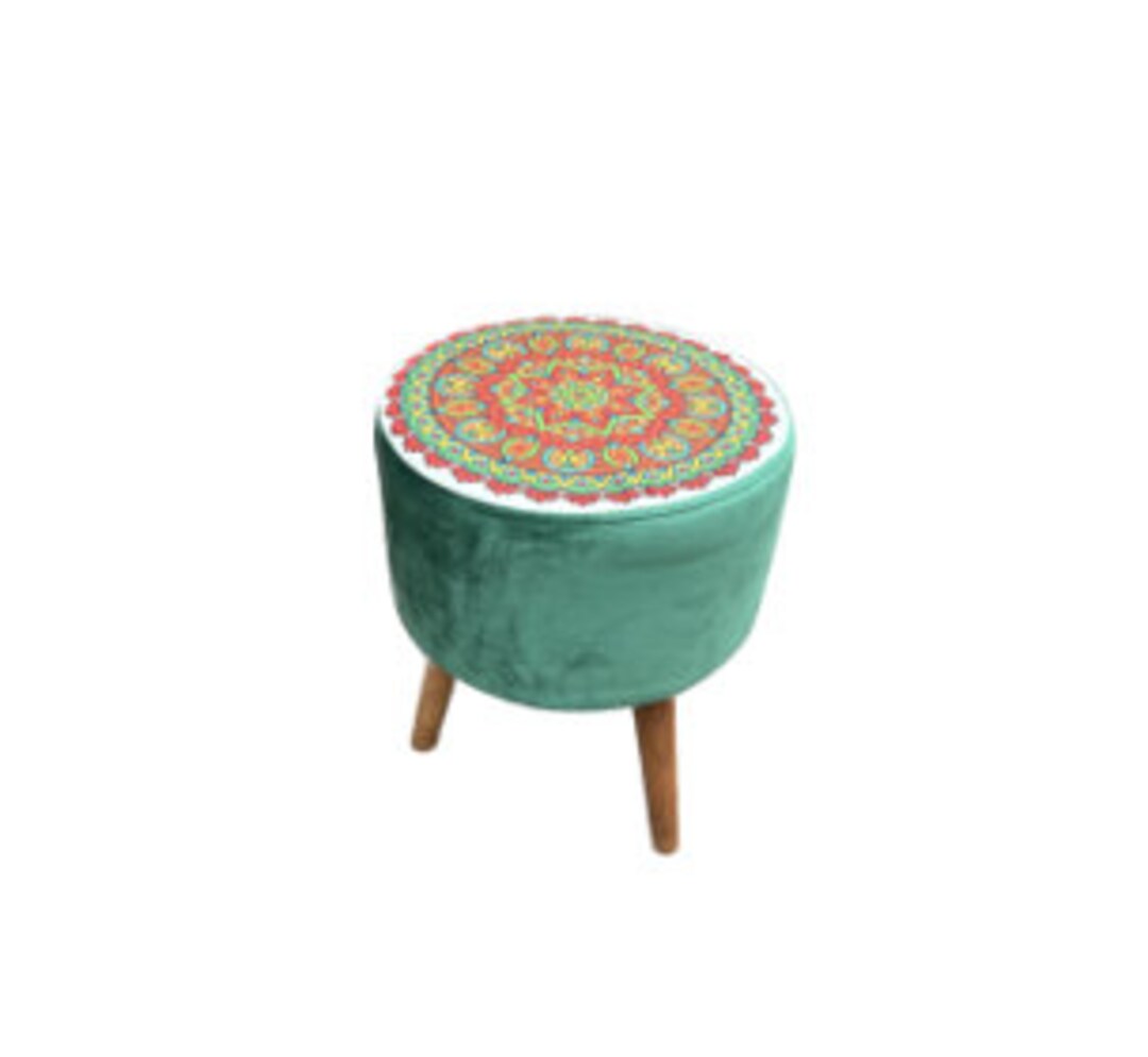 Bohemian Style, Green Mandala Pattern Unique Footstools UK With Wooden ...