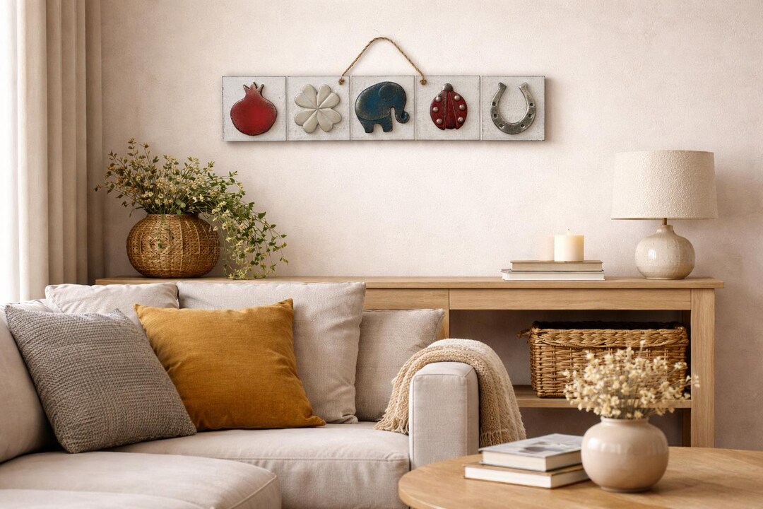 Handmade Ceramic Good Luck Wall Hanging, Wooden Base - Etsy