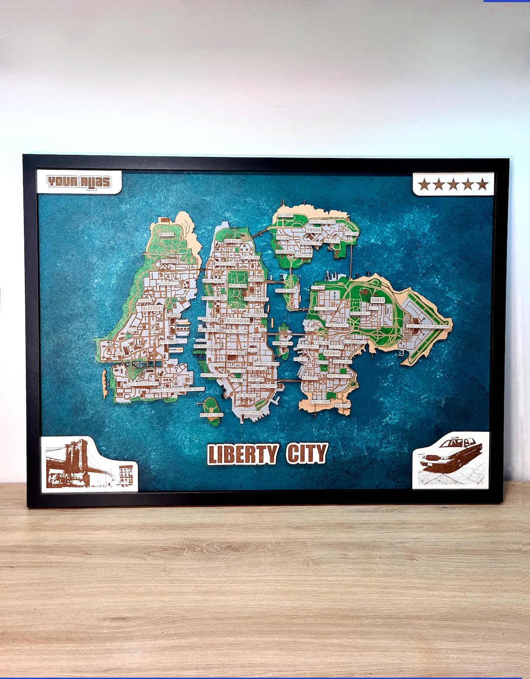 Liberty City Framed City Map Wall Art Living Room - Video Game Gifts ...