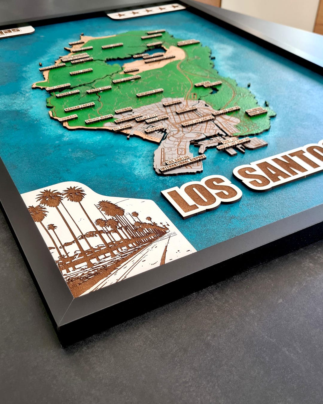 Los Santos 3D Framed City Map Wall Art Living Room Video Game Gifts ...