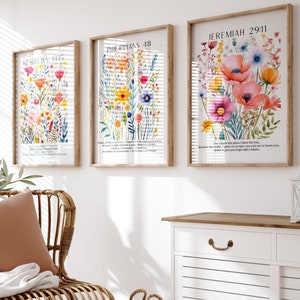 Set of 3 Bible Verse Wall Art, Digital Print, Colorful Flowers Wall Art ...