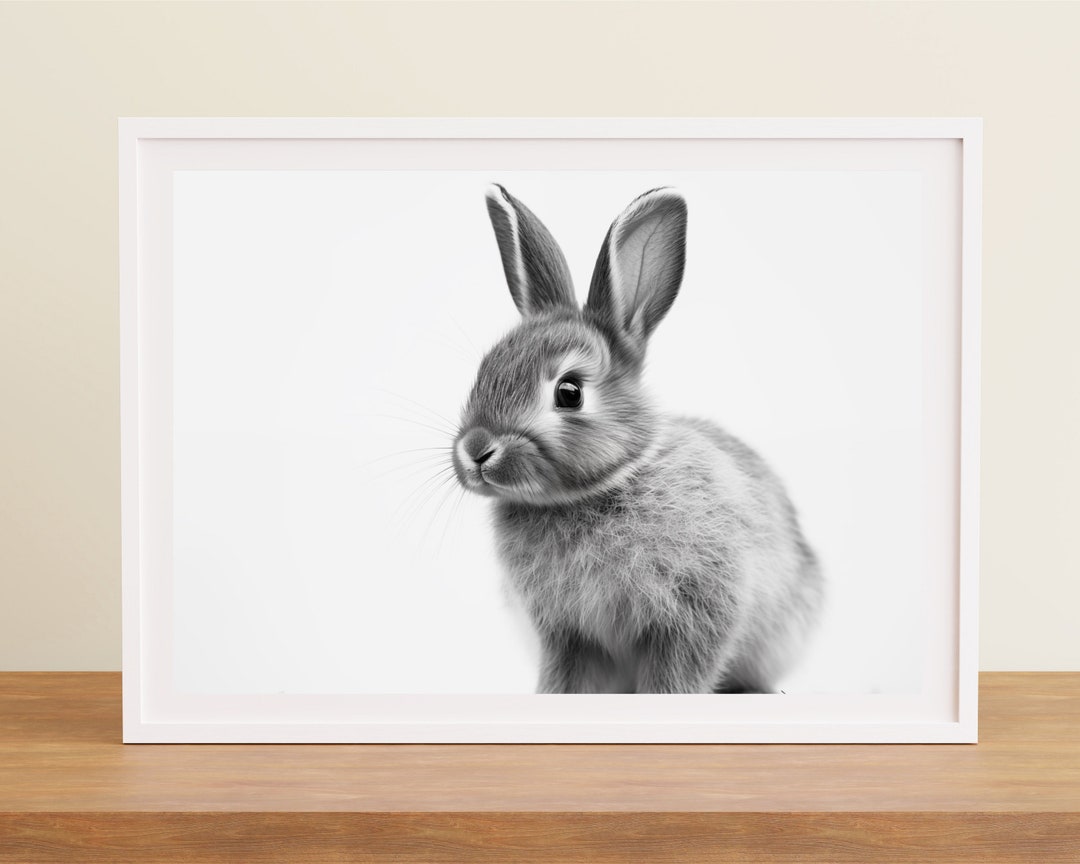 Black and White Rabbit Wall Art, Nursery Home Decor, Cute Bunny Print ...