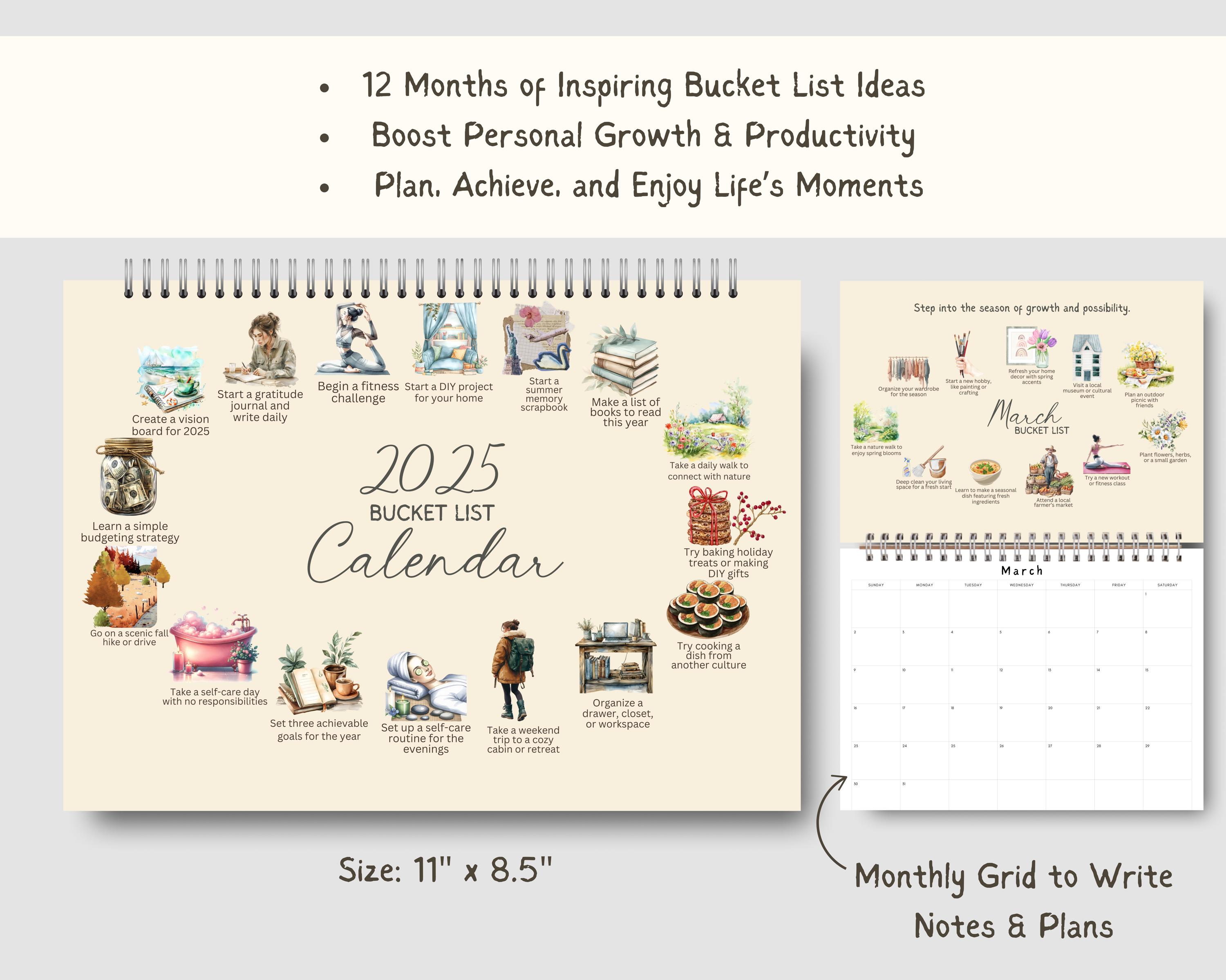 2025 Bucket List Wall Calendar Monthly Goals Planner, Motivational ...