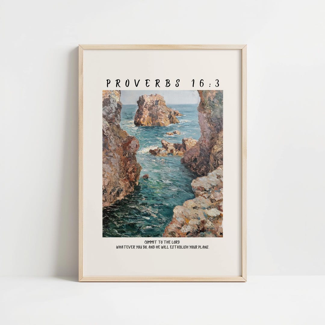 Proverbs 16:3 Wall Art Printable, Coastal Bible Verse Poster, Vintage ...