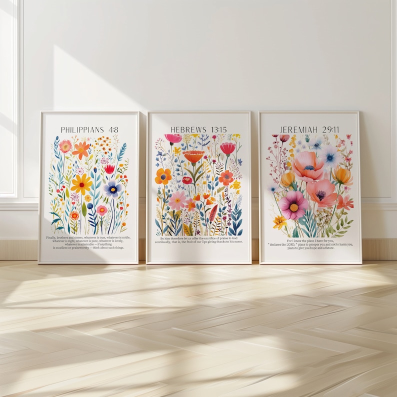Elegant Floral Bible Verse Wall Art Set of 3 Scripture Quote Poster ...