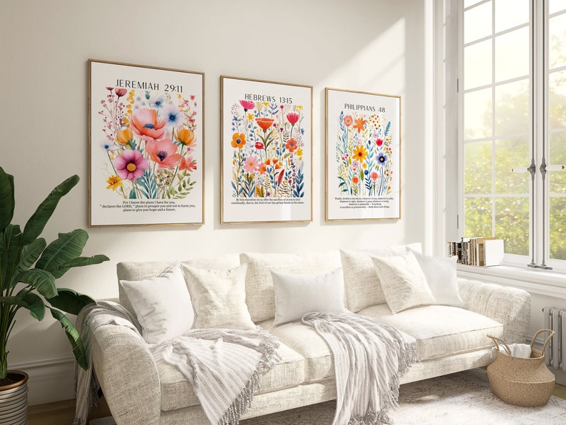 Elegant Floral Bible Verse Wall Art Set of 3 Scripture Quote Poster ...
