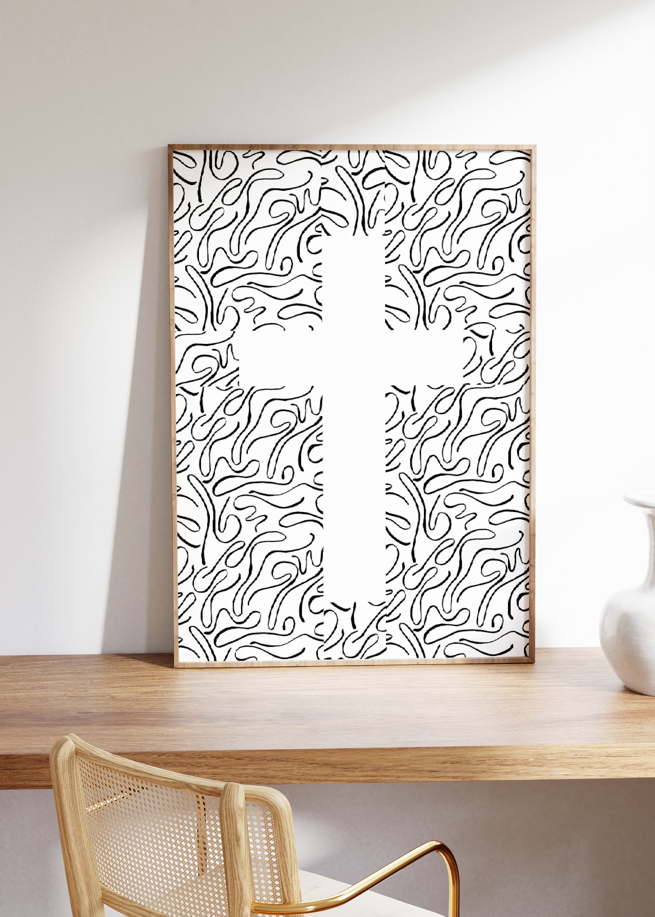 Jesus Cross Abstract Wall Art, Christian Black & White Poster, Mid ...