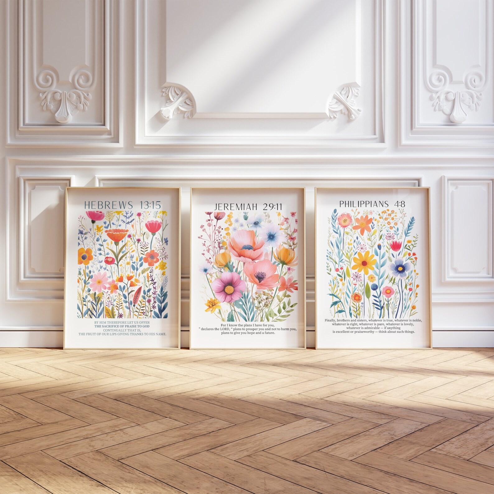 Set of 3 Bible Verse Wall Art, Digital Print, Colorful Flowers Wall Art ...