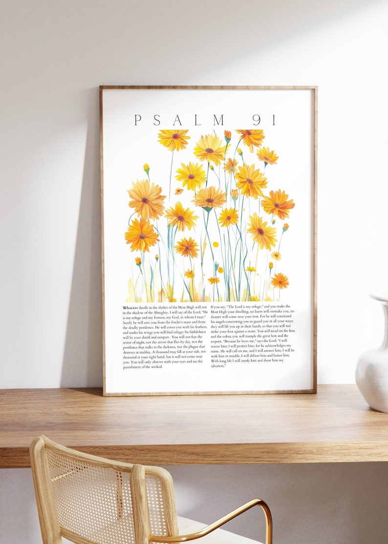 Psalm 91 Wall Art Printable, Floral Bible Verse Print, Spring Yellow ...