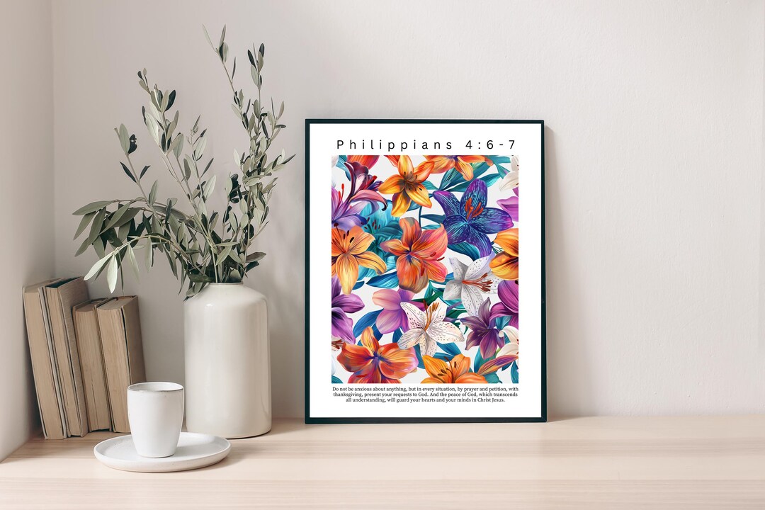 Philippians 4:6-7 Wall Art Printable, Floral Bible Verse Poster ...