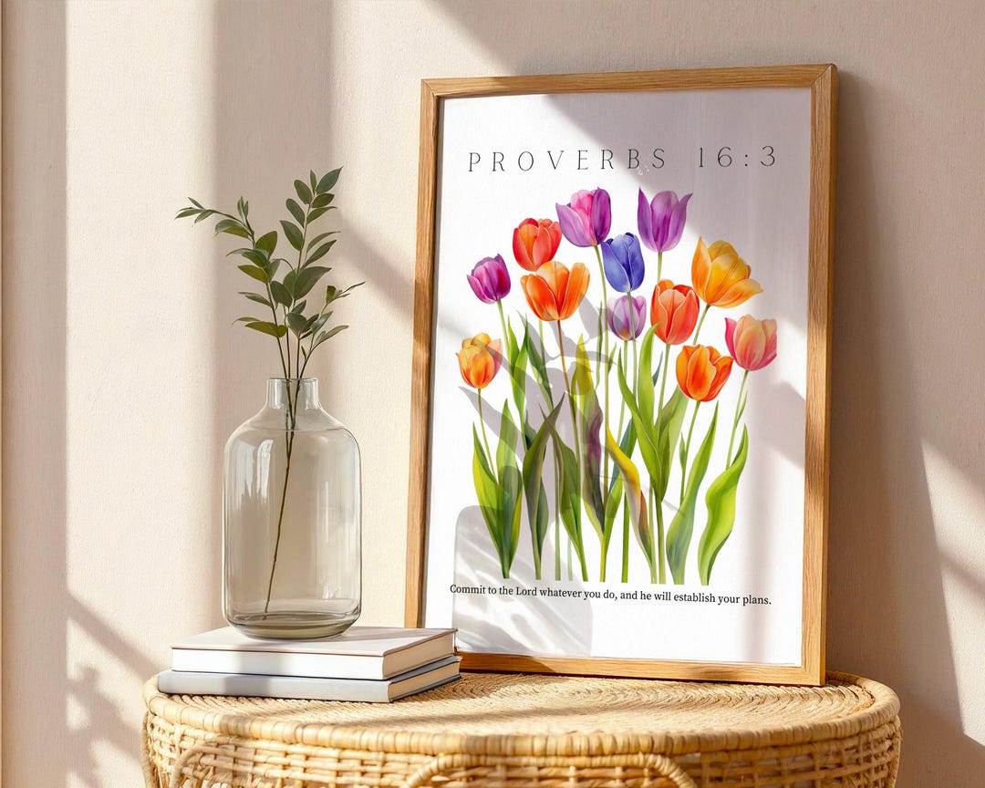 Proverbs 16:3 Wall Art Printable, Spring Floral Bible Verse Print, Boho ...