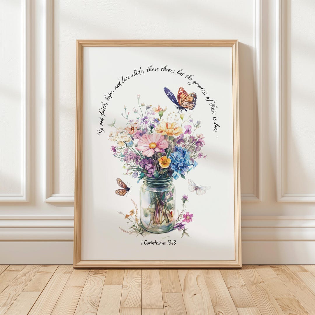 Birth Flower Family Bible Verse Wall Art, 1 Corinthians 13:13 Scripture ...