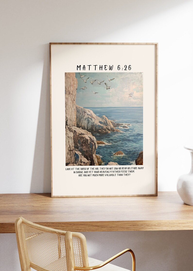 Matthew 6:26 Bible Verse Wall Art | Coastal Vintage Scripture Poster ...