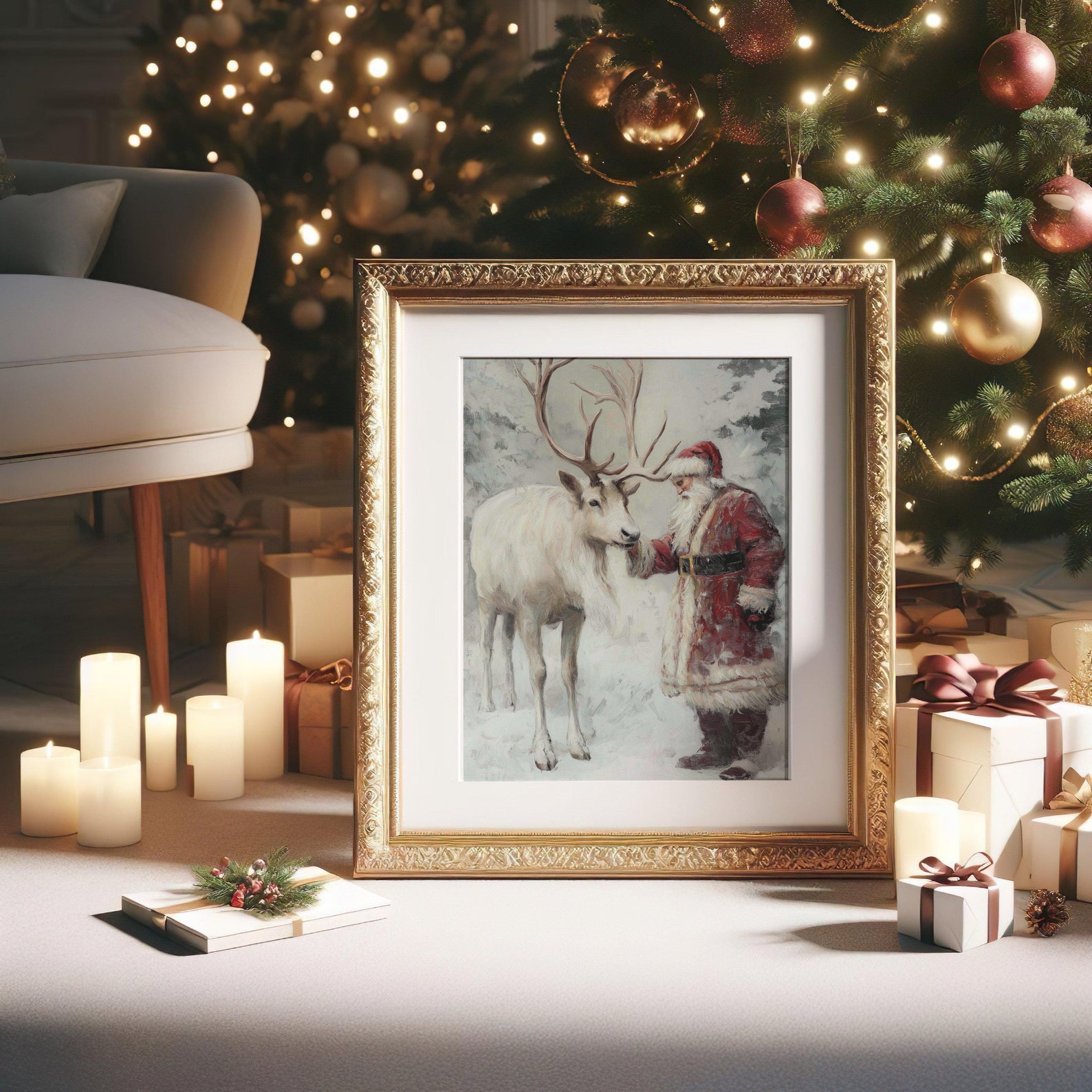 Santa Claus White Reindeer Wall Art | Christmas Printable Art | Vintage ...
