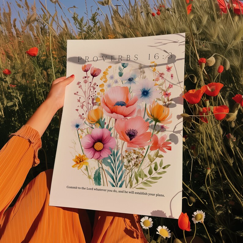 Floral Scripture Art, Botanic Bible Verse, Proverbs 16:3 Bible Verse ...