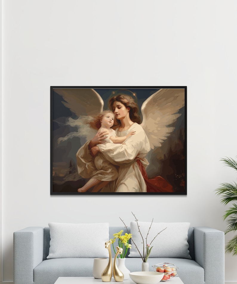 Vintage Guardian Angel Holding Baby Angel, Printable Wall Art ...