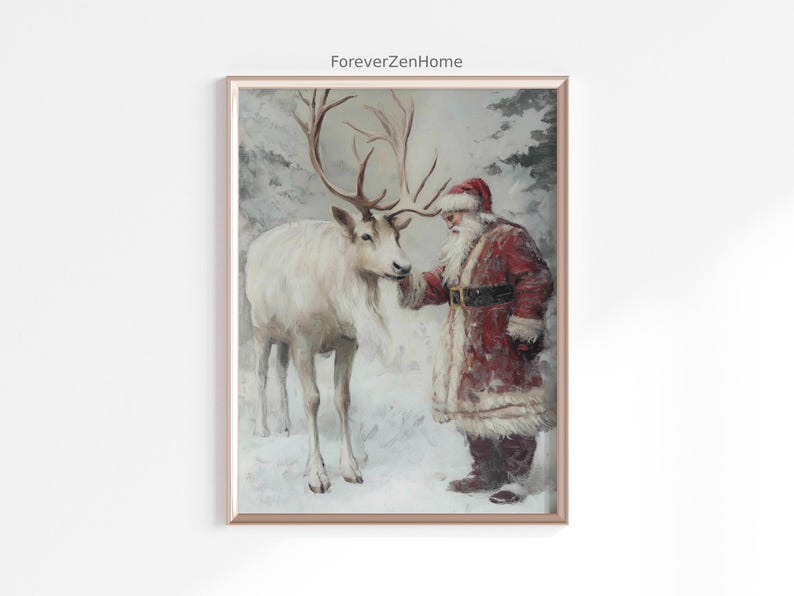 Santa Claus White Reindeer Wall Art | Christmas Printable Art | Vintage ...