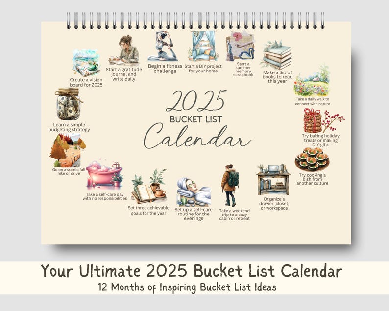 2025 Bucket List Wall Calendar Monthly Goals Planner, Motivational ...