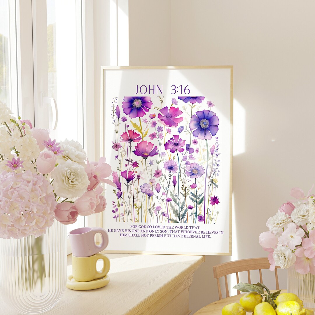 John 3:16 Bible Verse Wall Art, Purple Flowers Printable, Christian ...
