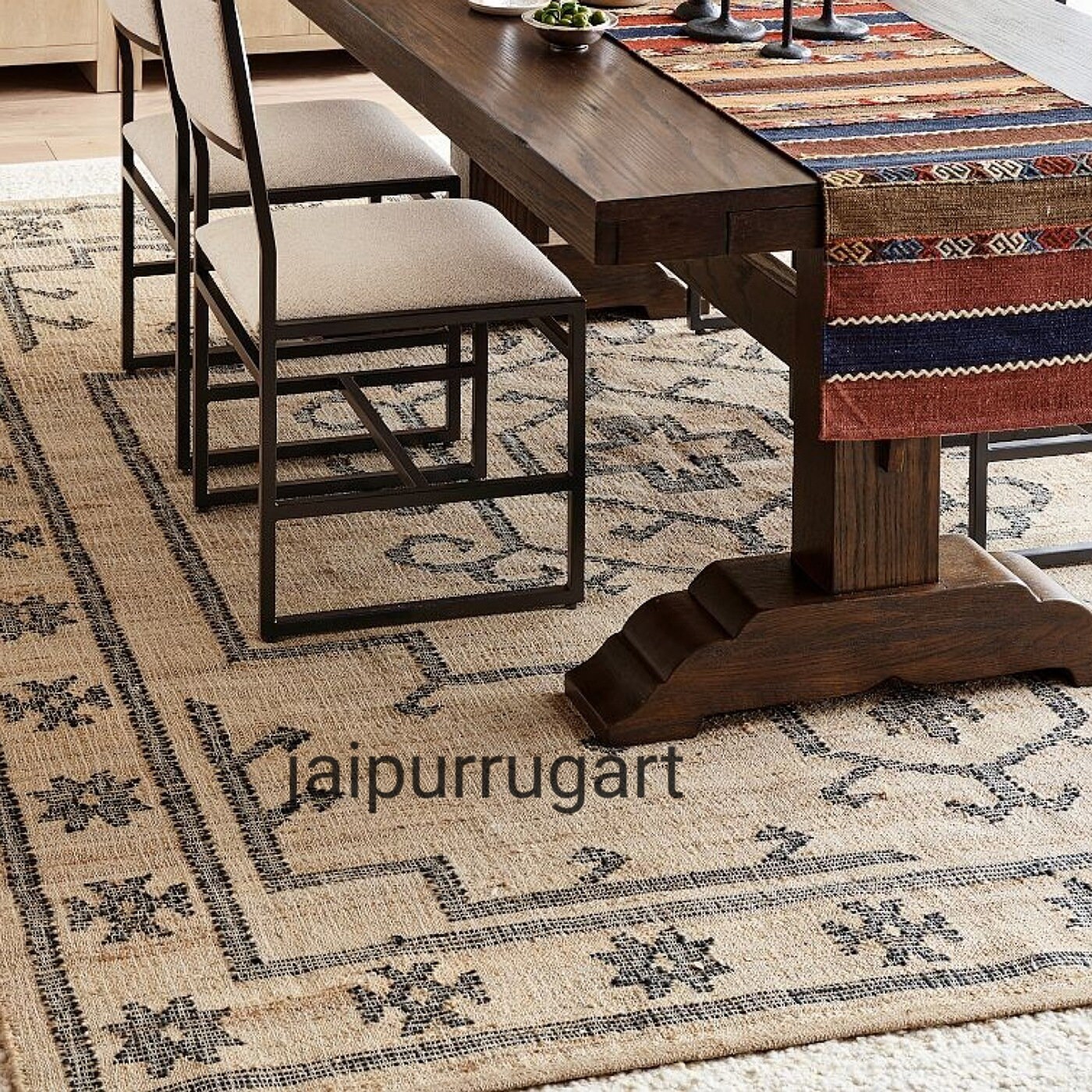 9x15 Jute Rug Ivory Black Flower Natural Jute High Quality Hand Woven ...