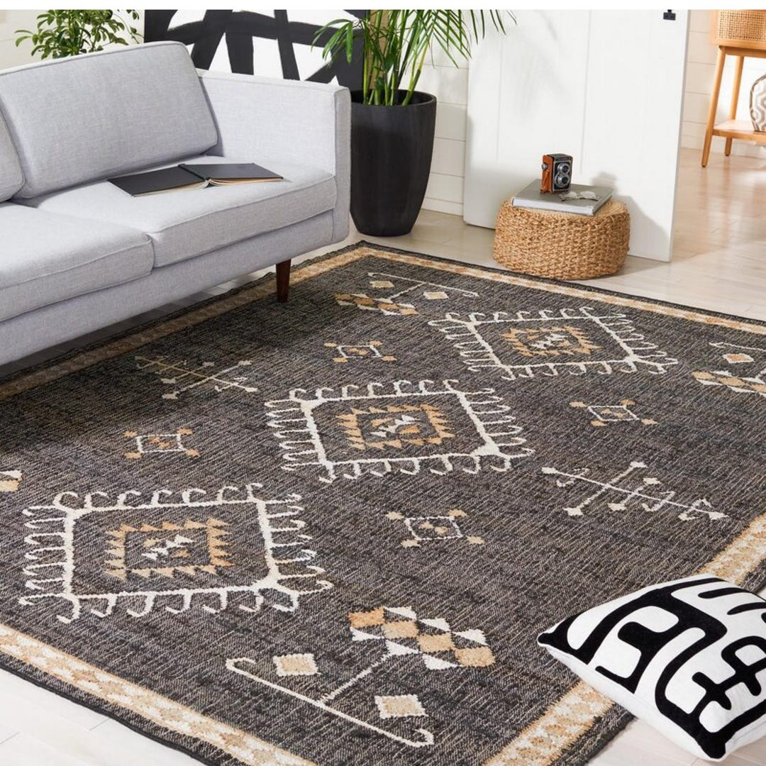 Handwoven Natural Geometrical Jute Rug | Neutral, Cream and Black Flat ...
