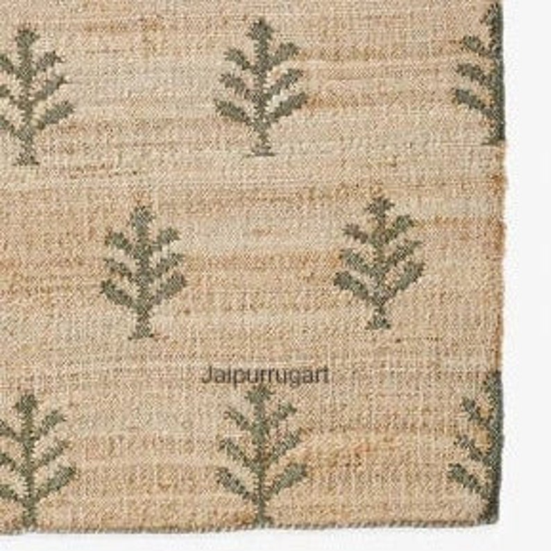 Green Flower Natural Jute and Cotton Rug , Hand Woven Premium Quality ...