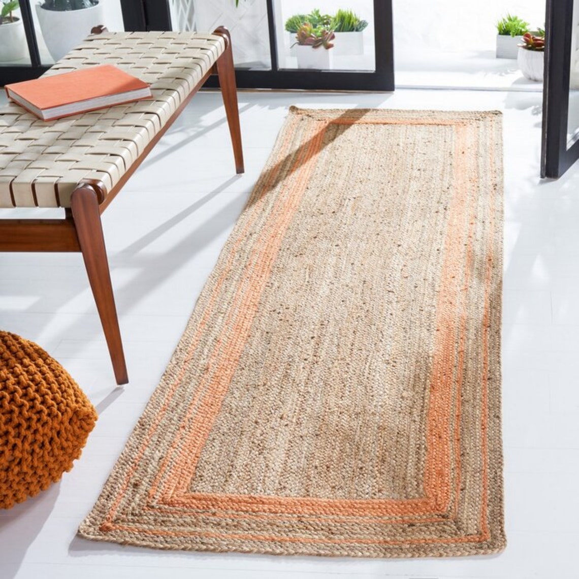 Orange Jute Braided Handmade Natural Jute Rectangle Rug Eco Friendly ...