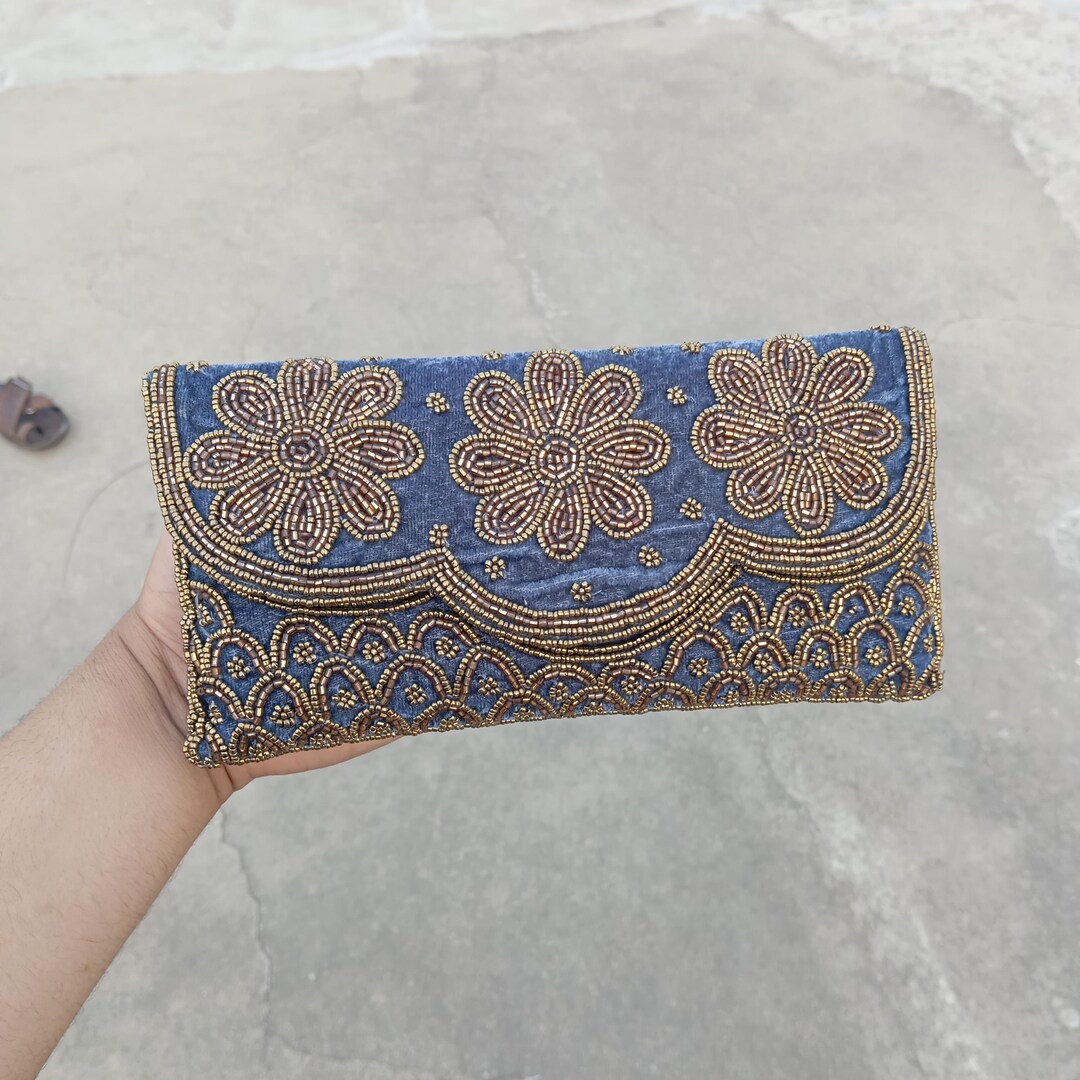 Hand Beaded Clutch, Blue Velvet Party Bag With Braided Bead Shoulder ...