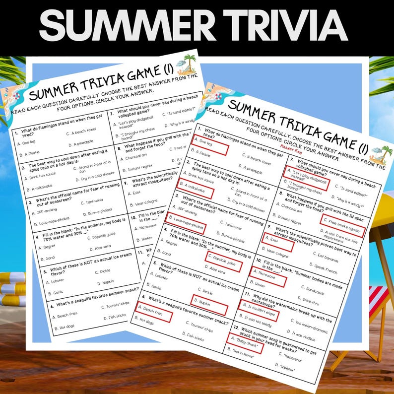 Summer Trivia Game Printable | Funny Multiple Choice Quiz | End-of-year ...