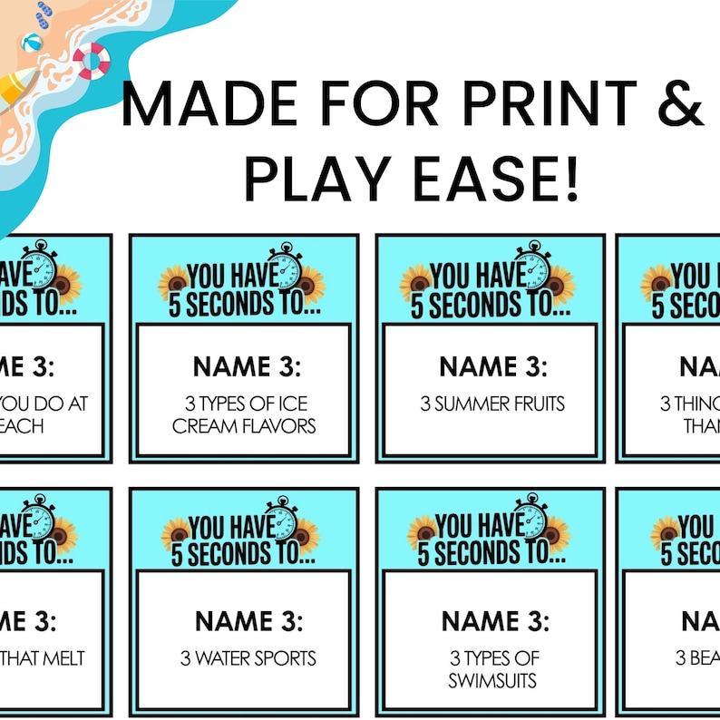 5 Seconds Game - Summer Edition | Party Game | Printable Family Fun ...