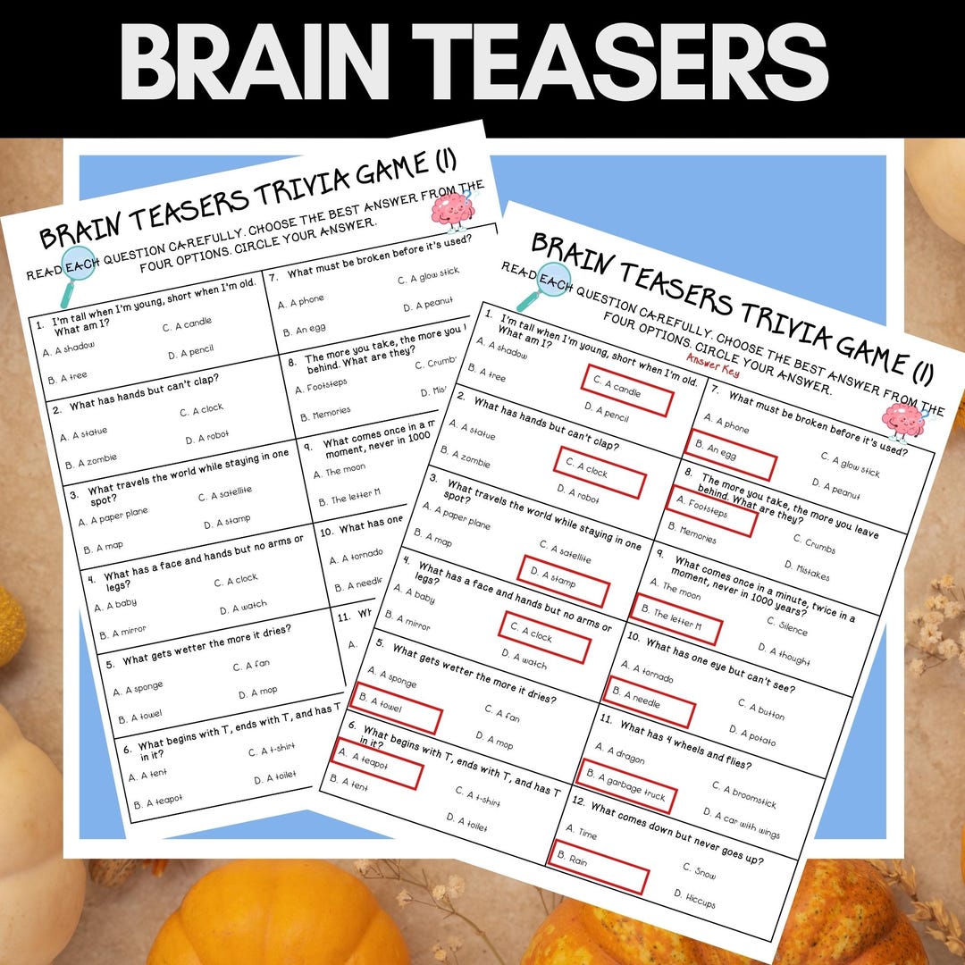 Brain Teasers Trivia Game | Fun Riddle Worksheets | Printable Kids Quiz ...