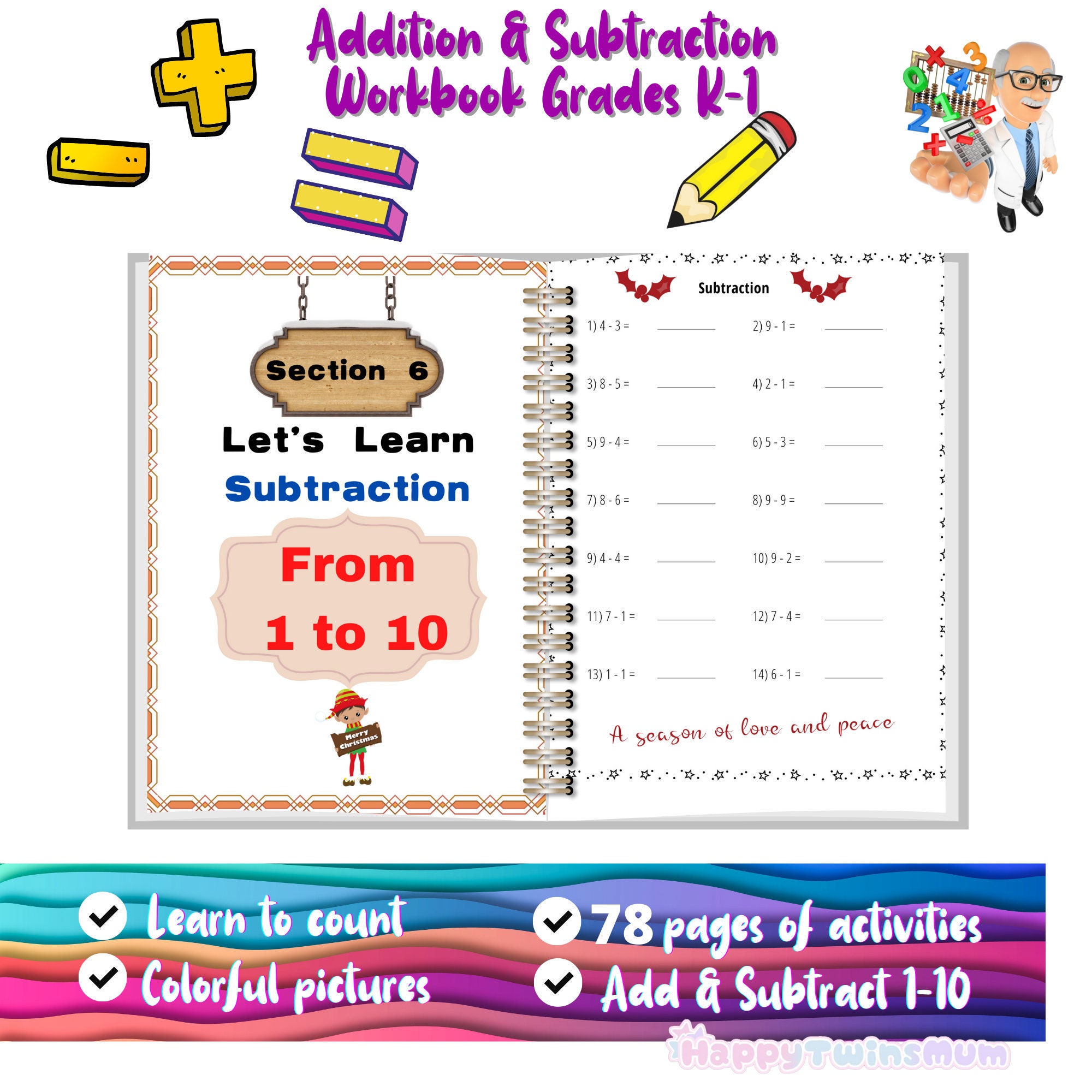 Addition and Subtraction Workbook K-1 Math Worksheets Christmas Themed ...