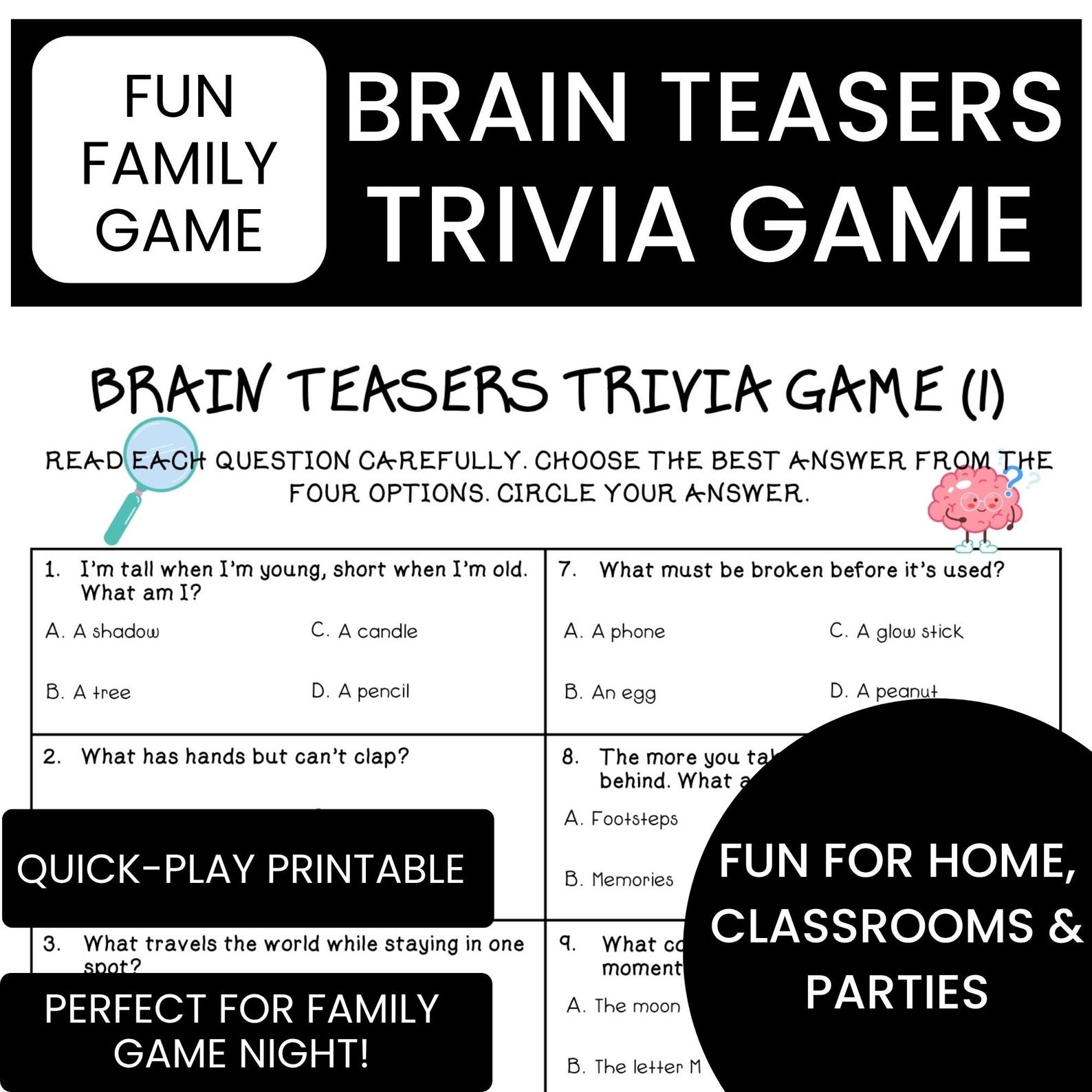 Brain Teasers Trivia Game | Fun Riddle Worksheets | Printable Kids Quiz ...