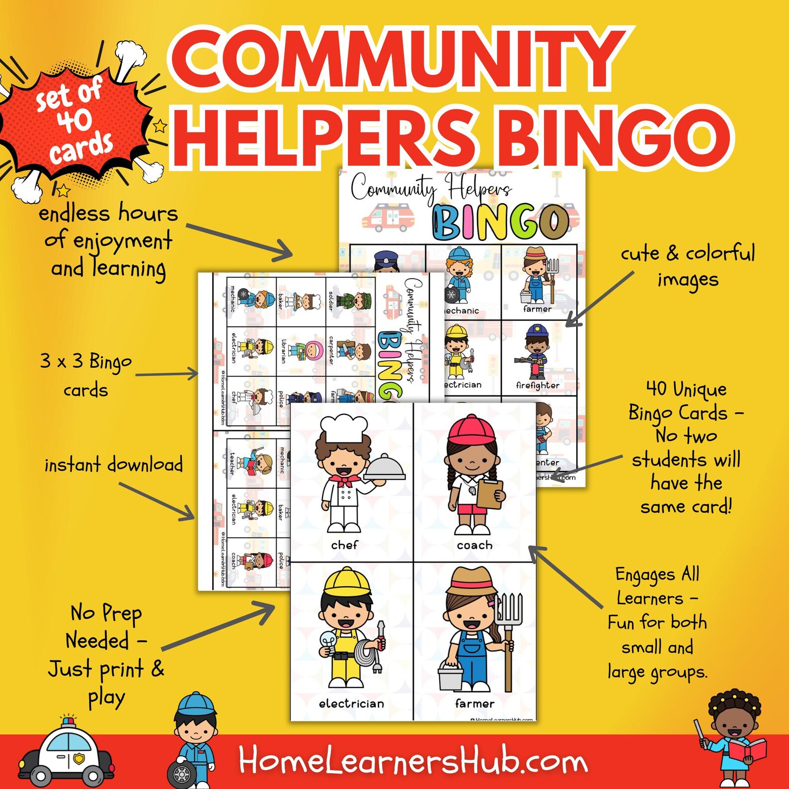 Community Helpers Bingo Cards 3x3 | Preschool & Kindergarten Activity ...