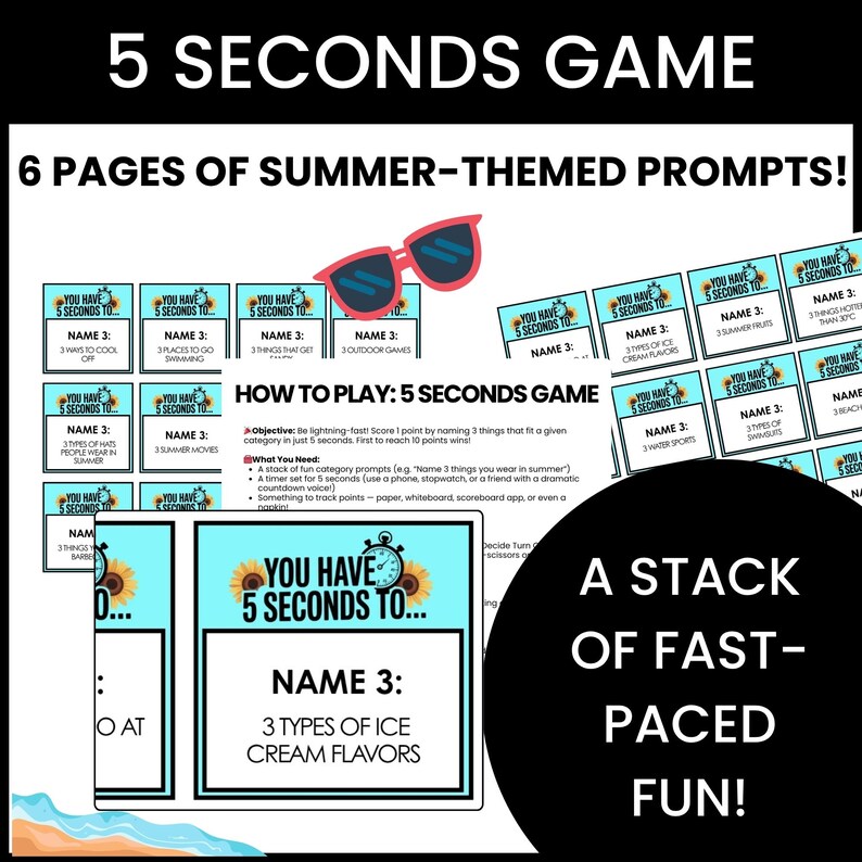 5 Seconds Game - Summer Edition | Party Game | Printable Family Fun ...