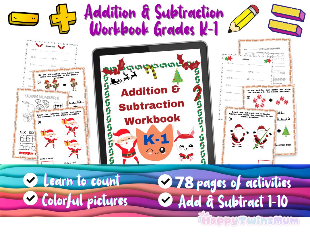 Addition and Subtraction Workbook K-1 | Math Worksheets | Christmas ...