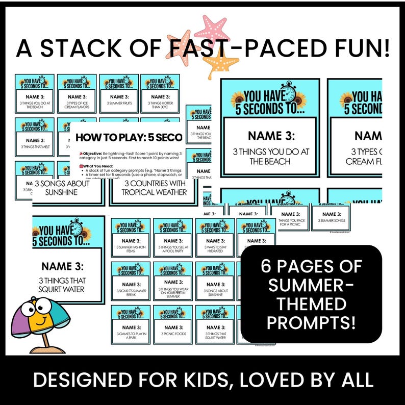 5 Seconds Game - Summer Edition | Party Game | Printable Family Fun ...
