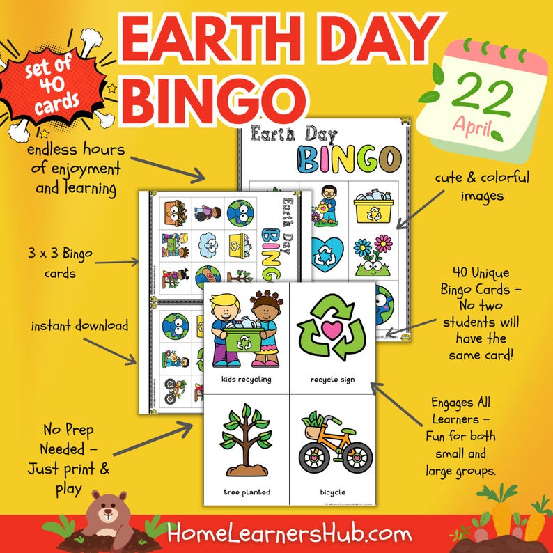 Earth Day Bingo Game for Kids | Printable 3x3 Bingo Cards | Earth Day ...