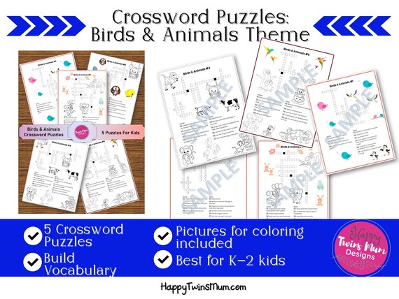 Crossword Puzzles for Kids Birds and Animals Word Game | Etsy