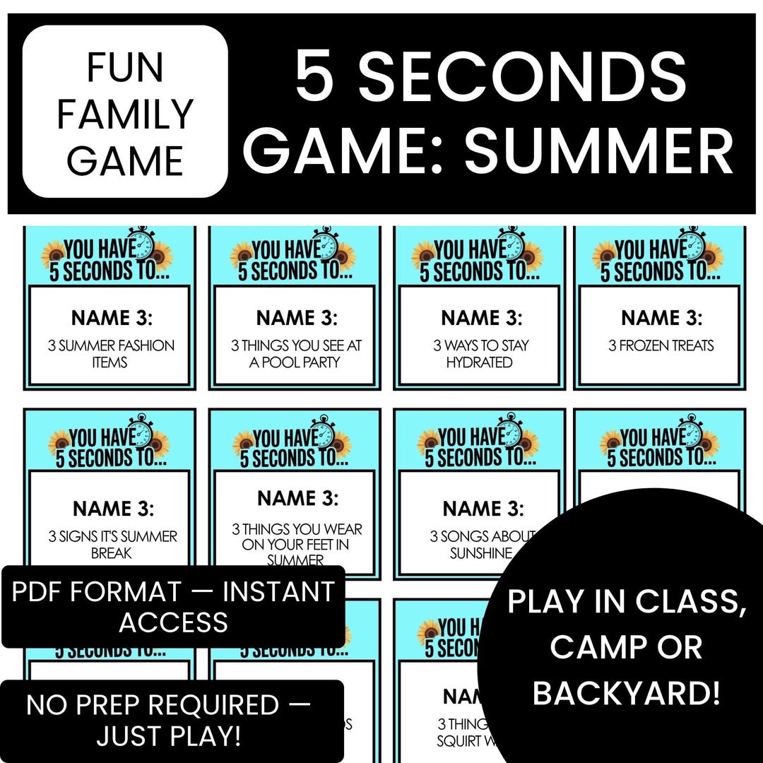 5 Seconds Game - Summer Edition | Party Game | Printable Family Fun ...
