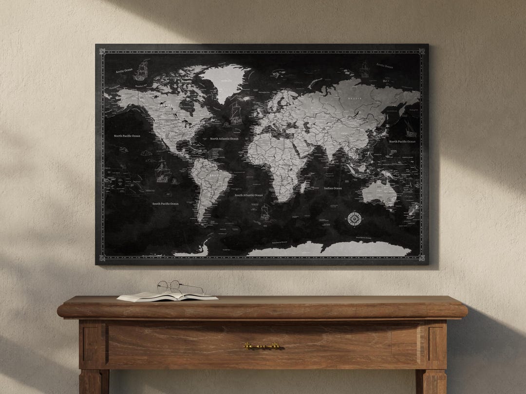 Pinnable World Map Canvas With Push Pins - Custom Modern Travel ...